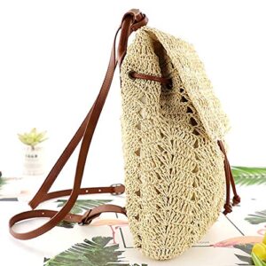 Lightweight Straw Crochet Backpack Hollow Out Drawstring Shoulders Bag for Women