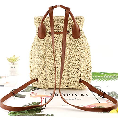 Lightweight Straw Crochet Backpack Hollow Out Drawstring Shoulders Bag for Women