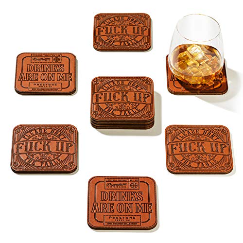 Funny Leather Coasters for Drinks Set of 4, Cool Rustic Drink Coaster, Cute Living Room Decor, Housewarming Gift for New Home (Brown Design 2)