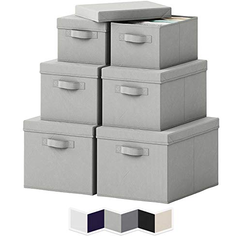 NEATERIZE Storage Bins with Lids. Set of 6 Heavy Duty Stackable MDF Covered With Fabric Storage Boxes with 2 Handle, Use for Organizing Closet, Garage, Clothes, Blankets, Linen (Light Grey)