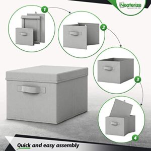 NEATERIZE Storage Bins with Lids. Set of 6 Heavy Duty Stackable MDF Covered With Fabric Storage Boxes with 2 Handle, Use for Organizing Closet, Garage, Clothes, Blankets, Linen (Light Grey)