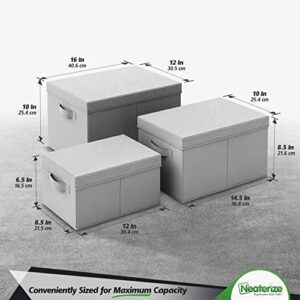 NEATERIZE Storage Bins with Lids. Set of 6 Heavy Duty Stackable MDF Covered With Fabric Storage Boxes with 2 Handle, Use for Organizing Closet, Garage, Clothes, Blankets, Linen (Light Grey)