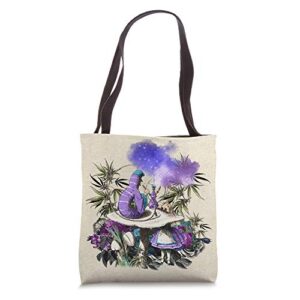 weed smoking caterpillar and alice in wonderland tote bag