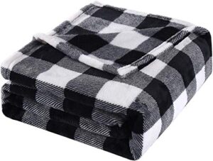 bobor buffalo plaid throw blanket for couch bed, flannel black white checker plaid pattern christmas decorative throw blanket, super soft comfortable lightweight fuzzy blanket (black white, 50″x60″)