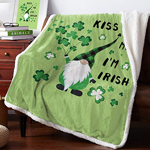 Irish Gnome with Lucky Clovers Sherpa Flannel Throw Blankets Thick Reversible Plush Fleece Blanket for Bed Couch Sofa Decor St. Patrick's Day,Ultra Soft Comfy Warm Fuzzy TV Blanket