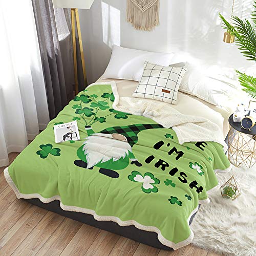 Irish Gnome with Lucky Clovers Sherpa Flannel Throw Blankets Thick Reversible Plush Fleece Blanket for Bed Couch Sofa Decor St. Patrick's Day,Ultra Soft Comfy Warm Fuzzy TV Blanket