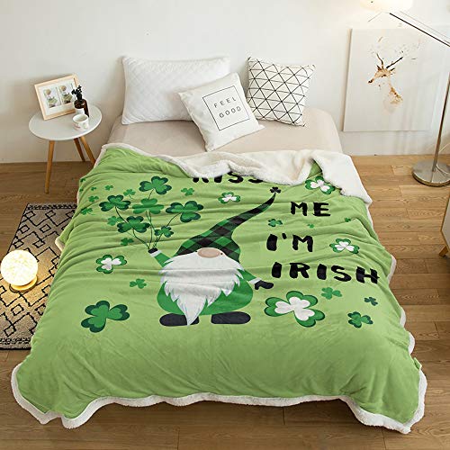 Irish Gnome with Lucky Clovers Sherpa Flannel Throw Blankets Thick Reversible Plush Fleece Blanket for Bed Couch Sofa Decor St. Patrick's Day,Ultra Soft Comfy Warm Fuzzy TV Blanket