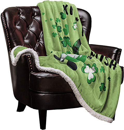 Irish Gnome with Lucky Clovers Sherpa Flannel Throw Blankets Thick Reversible Plush Fleece Blanket for Bed Couch Sofa Decor St. Patrick's Day,Ultra Soft Comfy Warm Fuzzy TV Blanket