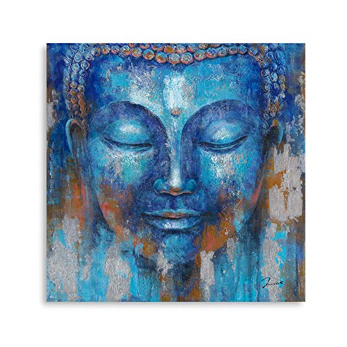 Buddha Wall Art Canvas Painting Indigo Blue Gautama Head Picture Zen Meditation Buddhism Statue Decor for bathroom Framed Easy to Hang (14"x14"x1 Panel)