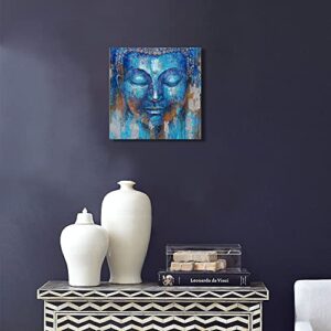 Buddha Wall Art Canvas Painting Indigo Blue Gautama Head Picture Zen Meditation Buddhism Statue Decor for bathroom Framed Easy to Hang (14"x14"x1 Panel)