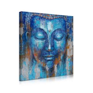 Buddha Wall Art Canvas Painting Indigo Blue Gautama Head Picture Zen Meditation Buddhism Statue Decor for bathroom Framed Easy to Hang (14"x14"x1 Panel)