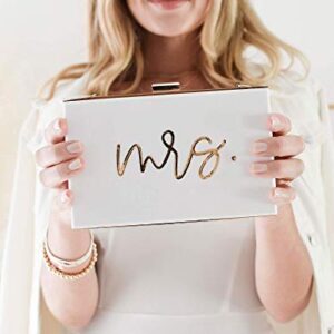 ModParty Mrs Acrylic Clutch Purse | Bridal Shower, Engagement, & Honeymoon Gift | Bride to Be Accessory | Crossbody with Removable Chain | White and Gold