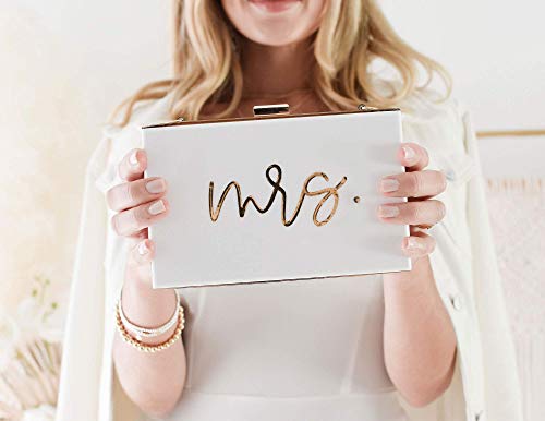 ModParty Mrs Acrylic Clutch Purse | Bridal Shower, Engagement, & Honeymoon Gift | Bride to Be Accessory | Crossbody with Removable Chain | White and Gold