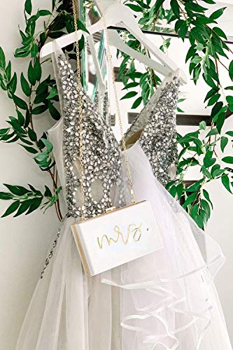 ModParty Mrs Acrylic Clutch Purse | Bridal Shower, Engagement, & Honeymoon Gift | Bride to Be Accessory | Crossbody with Removable Chain | White and Gold