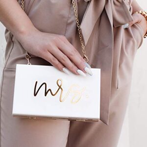 ModParty Mrs Acrylic Clutch Purse | Bridal Shower, Engagement, & Honeymoon Gift | Bride to Be Accessory | Crossbody with Removable Chain | White and Gold