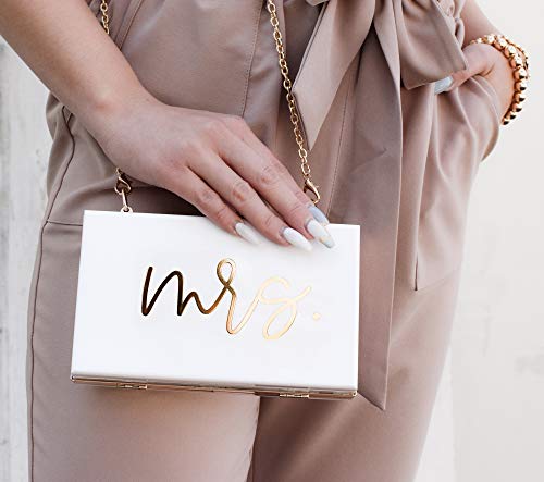 ModParty Mrs Acrylic Clutch Purse | Bridal Shower, Engagement, & Honeymoon Gift | Bride to Be Accessory | Crossbody with Removable Chain | White and Gold