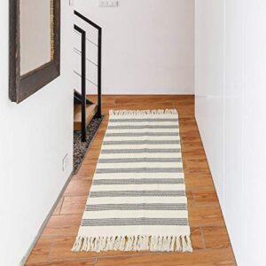 Black Striped Runner Rug,2’x4.3’ Modern Cotton Area Rug with Tassel Washable Doormat for Porch Entryway Bedroom Bathroom Living Room