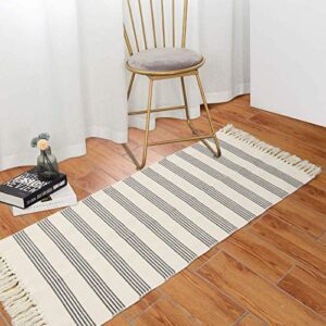 Black Striped Runner Rug,2’x4.3’ Modern Cotton Area Rug with Tassel Washable Doormat for Porch Entryway Bedroom Bathroom Living Room