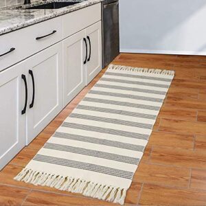 Black Striped Runner Rug,2’x4.3’ Modern Cotton Area Rug with Tassel Washable Doormat for Porch Entryway Bedroom Bathroom Living Room