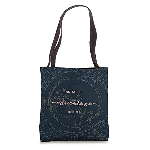 The Adventure Begins Quote Pink Star Map on Blue Tote Bag