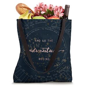 The Adventure Begins Quote Pink Star Map on Blue Tote Bag