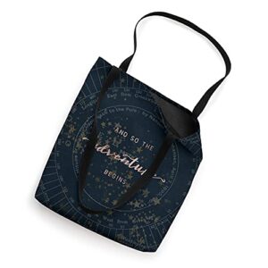 The Adventure Begins Quote Pink Star Map on Blue Tote Bag