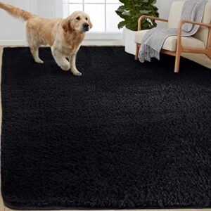 gorilla grip soft faux fur area rug, washable, shed and fade resistant, grip dots underside, fluffy shag indoor bedroom rugs, easy clean, for living room floor, nursery carpets, 6×9 ft, jet black