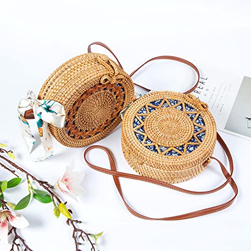 YYIHER Straw Bags for Women,Round Rattan Bag Summer Purses for Women Crossbody purse Handmade Wicker Woven Purse Woman Beach Bag Shoulder Natural Chic