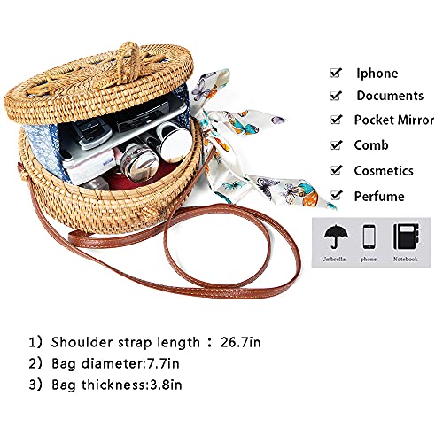 YYIHER Straw Bags for Women,Round Rattan Bag Summer Purses for Women Crossbody purse Handmade Wicker Woven Purse Woman Beach Bag Shoulder Natural Chic