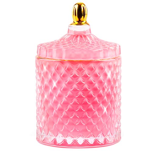 ALAMHI Pink Candy Jar, Glass Candy Dish with Lid, Crystal Apothocary Jars with Lids Glass Jewelry Box with Lids, Cute Glass Jar Gifts for Women