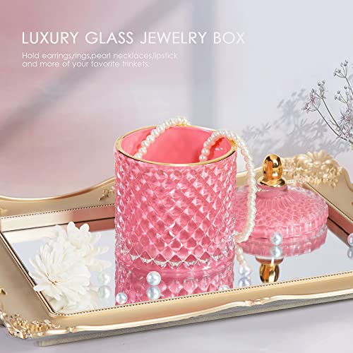 ALAMHI Pink Candy Jar, Glass Candy Dish with Lid, Crystal Apothocary Jars with Lids Glass Jewelry Box with Lids, Cute Glass Jar Gifts for Women