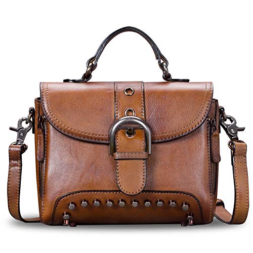 Genuine Leather Satchel for Women Vintage Handmade Crossbody Bag Purse Top-Handle Handbag (Brown)