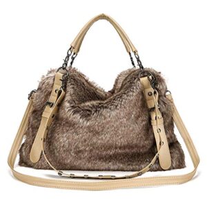 qtmy brown faux fur tote crossbody bag purse handbag for women