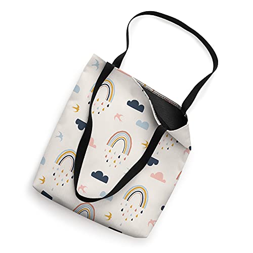 Rainbow Pattern in Pink Blue & Navy on Cream White AEV084 Tote Bag