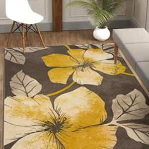 CAMILSON Solana Modern Floral 5'3" x 7' Area Rugs Non-Skid (Non-Slip) Rubber Backing Yellow - Brown Flowers Indoor Rug (5x7, Yellow Brown)