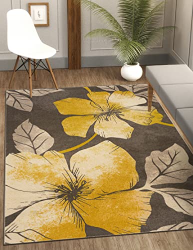 CAMILSON Solana Modern Floral 5'3" x 7' Area Rugs Non-Skid (Non-Slip) Rubber Backing Yellow - Brown Flowers Indoor Rug (5x7, Yellow Brown)