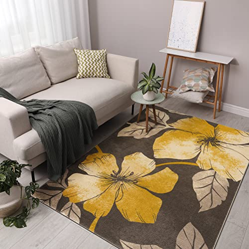 CAMILSON Solana Modern Floral 5'3" x 7' Area Rugs Non-Skid (Non-Slip) Rubber Backing Yellow - Brown Flowers Indoor Rug (5x7, Yellow Brown)