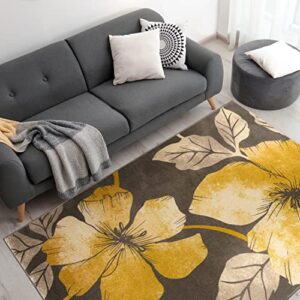 CAMILSON Solana Modern Floral 5'3" x 7' Area Rugs Non-Skid (Non-Slip) Rubber Backing Yellow - Brown Flowers Indoor Rug (5x7, Yellow Brown)