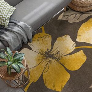 CAMILSON Solana Modern Floral 5'3" x 7' Area Rugs Non-Skid (Non-Slip) Rubber Backing Yellow - Brown Flowers Indoor Rug (5x7, Yellow Brown)