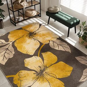 CAMILSON Solana Modern Floral 5'3" x 7' Area Rugs Non-Skid (Non-Slip) Rubber Backing Yellow - Brown Flowers Indoor Rug (5x7, Yellow Brown)