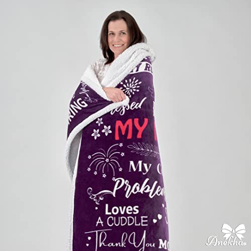 Anekha Mom Blanket – Double Layer Sherpa Fleece – Soft Fluffy Throw, Quality Print – 'Thank You Mom, I Love You' – from Daughter, Son – Gift Birthday, Mother's Day, Christmas, etc. (Twilight Purple)