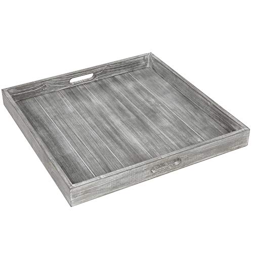 MyGift 19-inch Large Square Rustic Whitewashed Gray Wood Ottoman Tray with Cutout Handles