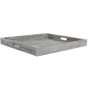 MyGift 19-inch Large Square Rustic Whitewashed Gray Wood Ottoman Tray with Cutout Handles