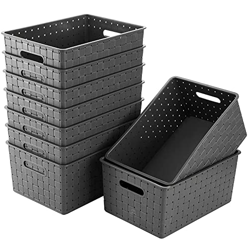 Bekith 9 Pack Woven Plastic Storage Basket, Organizing Pantry Storage Bins for Toys, Accessories, Bedroom, Classrooms, Office, School, 10" L x 7" W x 4.4" H, Grey