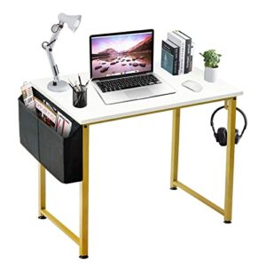 lufeiya small computer desk white writing table for home office small spaces 31 inch modern student study laptop pc desks with gold legs storage bag headphone hook,white gold