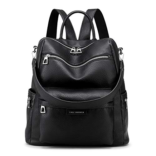 LING SHUIWEN LSW Backpack Purse for Women Fashion Convertible Satchel Handbags Large Capacity Travel Vintage PU Leather Bookbag Multipurpose Design Ladies Shoulder Bag (Black)