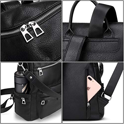 LING SHUIWEN LSW Backpack Purse for Women Fashion Convertible Satchel Handbags Large Capacity Travel Vintage PU Leather Bookbag Multipurpose Design Ladies Shoulder Bag (Black)