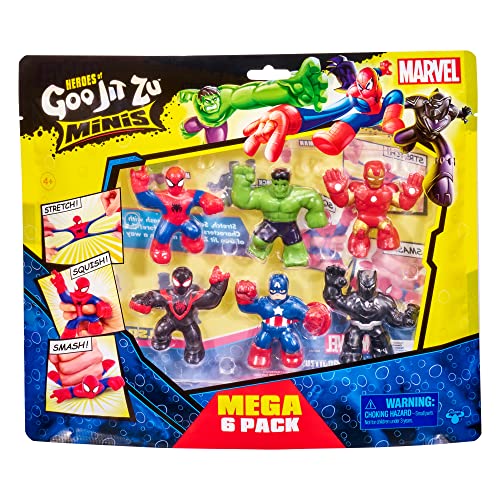 Heroes of Goo Jit Zu Marvel Mega Mini 6 Pack - Squishy, Stretchy, Gooey Mini Heroes - Ironman, Spider-Man, Captain America, Miles Morales, Hulk and Black Panther