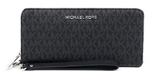 michael kors jet set travel continental zip around leather wallet wristlet (black pvc/silver hardware)