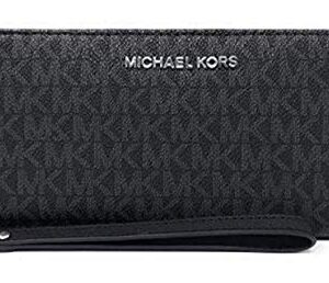 Michael Kors Jet Set Travel Continental Zip Around Leather Wallet Wristlet (Black PVC/Silver Hardware)